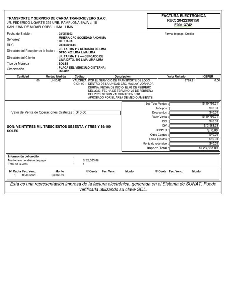 Mcrc. - Fact - E001-3742 Trasnporte y Servicio de Carga Trans - Severo ...