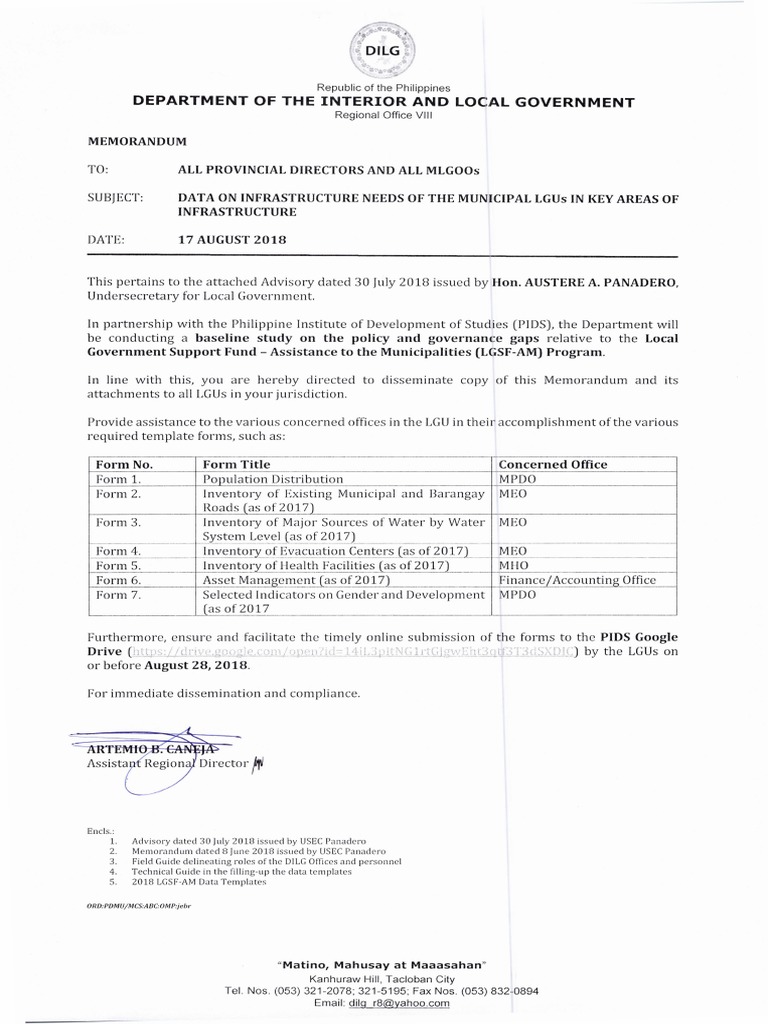 MEMO Re Data On Infrastructure Needs of The Municipal LGUs in Key Areas ...