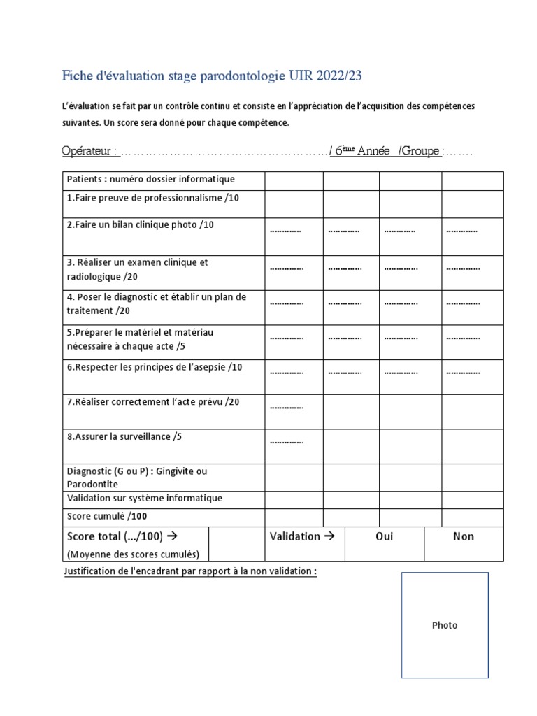 Parodontologie 6 A Fiche Validation Du Stage 22-23 Étudiants | PDF