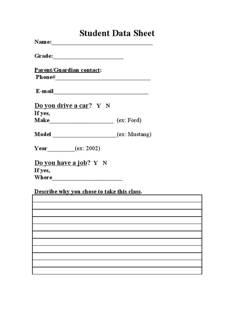 Student Data Sheet | PDF
