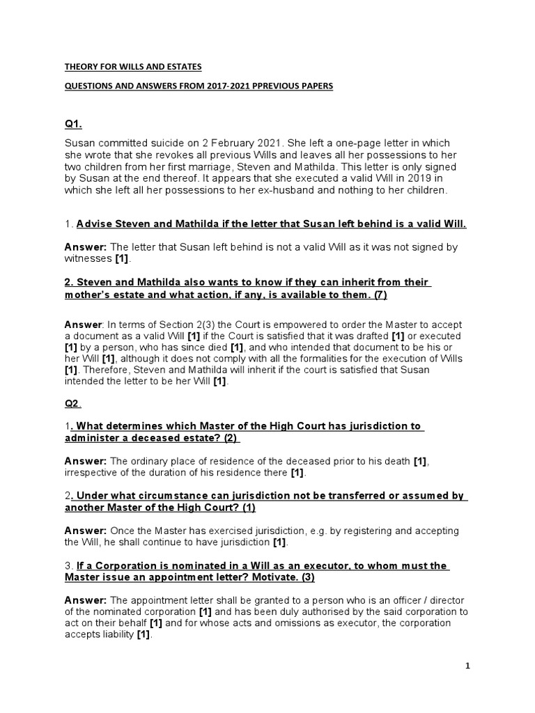 Theory Questions and Answers Estates | PDF | Will And Testament | Intestacy