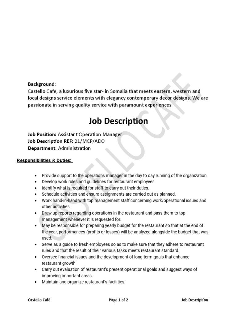 Assistant Operations Manager | PDF | Restaurants | Employment