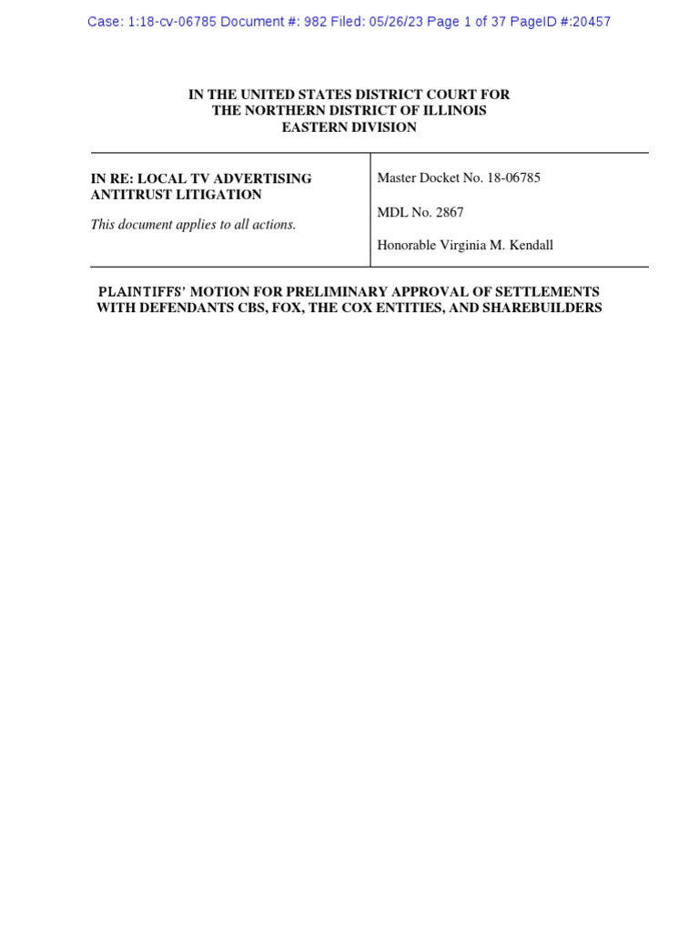 Local TV Advertising Antitrust Litigation Motion For Preliminary ...