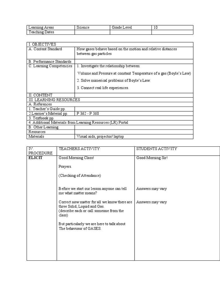 Boyle's Law Lesson Plan Grade 10 | PDF | Gases | Temperature
