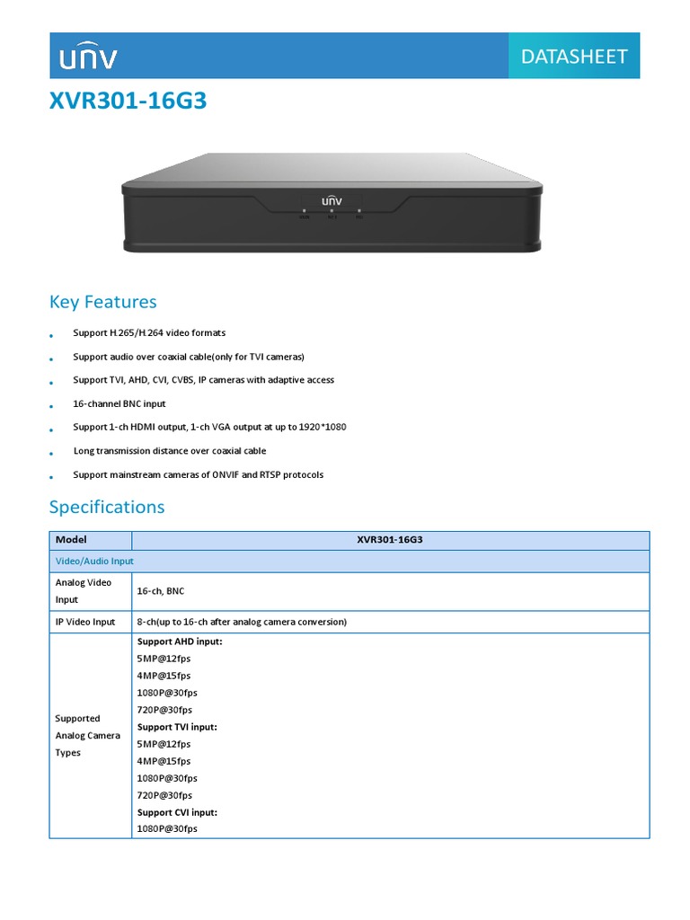 UNV - XVR301 16G3 Datasheet | PDF | Hdmi | Hard Disk Drive