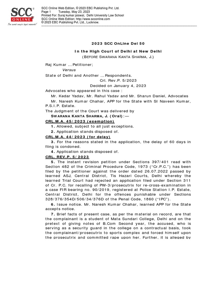 Raj Kumar v. State (NCT of Delhi), 2023 SCC OnLine Del 50 | PDF | Prosecutor | Trials