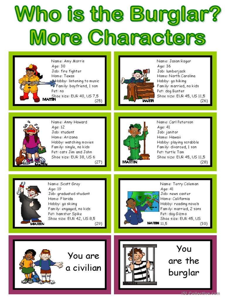 WHO IS THE BURGLAR - 30 Conversation Cards - Roleplay - Class and Group ...