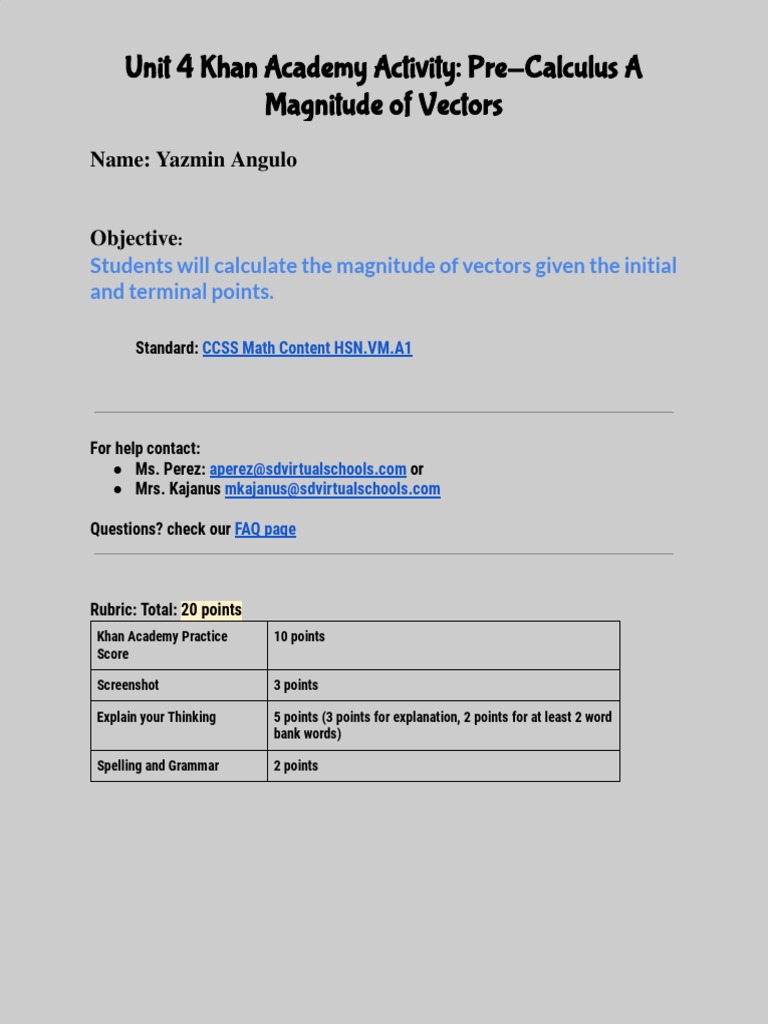 Pre-Calculus Activity: Vector Magnitude | PDF | Teaching Methods ...