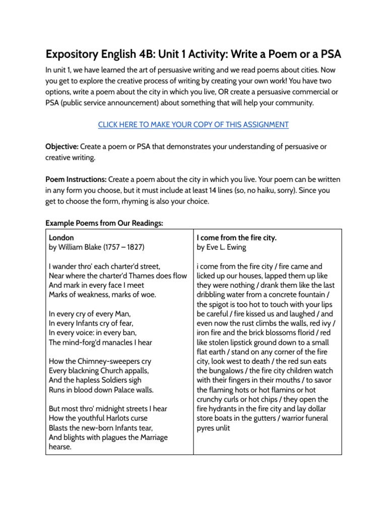 Expository English 4B - Unit 1 Activity - Write A Poem or A PSA | PDF | Lead | Water