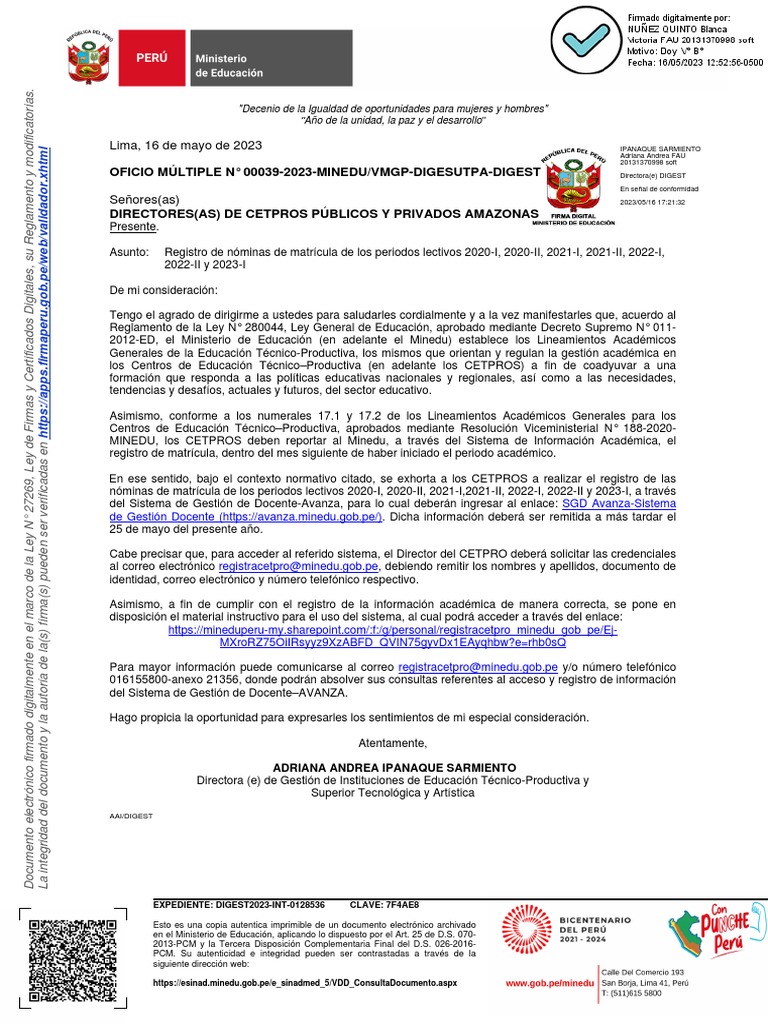 Oficio Multiple 00039 2023 Minedu VMGP Digesutpa Digest | PDF | Ministerio (Departamento de ...