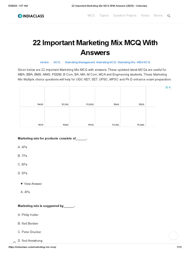 22 Marketing Mix MCQs with Answers 2023 | PDF