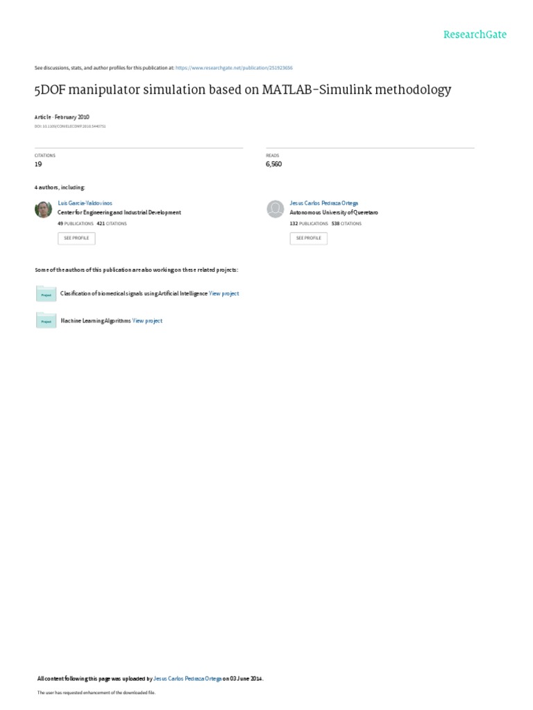 5DOF Manipulator Simulation Based On MATLAB-Simulink Methodology | PDF | Kinematics | Simulation