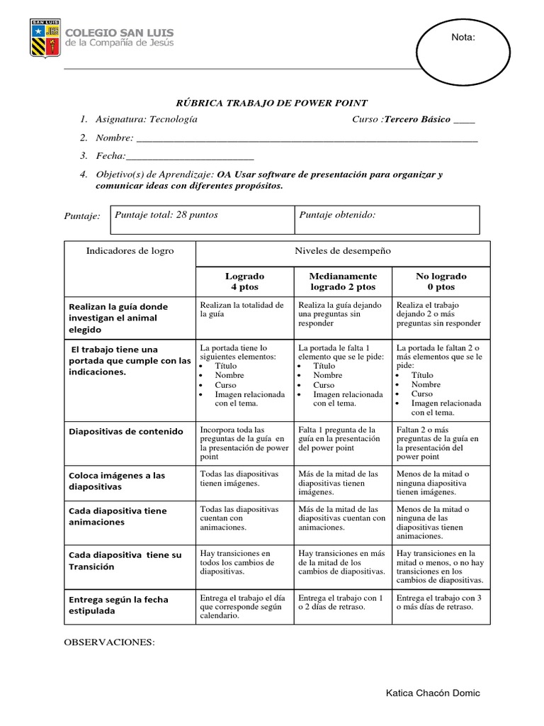 Rubrica tercero basico ppt Animal 2023 | PDF