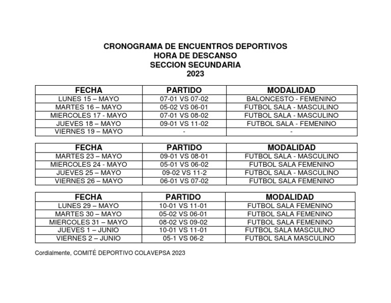 Cronograma de Encuentros Deportivos - 2023 - 2 | PDF