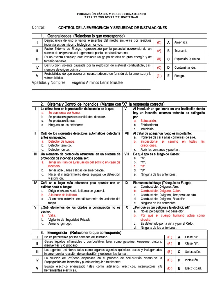 Cuestionario Control de La Emergencia y Seguridad Instalaciones | PDF