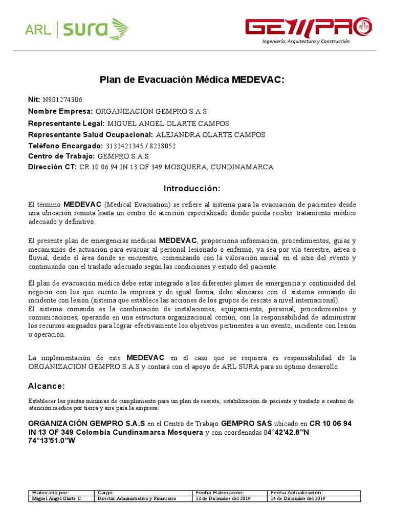 Plan de Evacuación Médica MEDEVAC | PDF | Lesión | Ambulancia