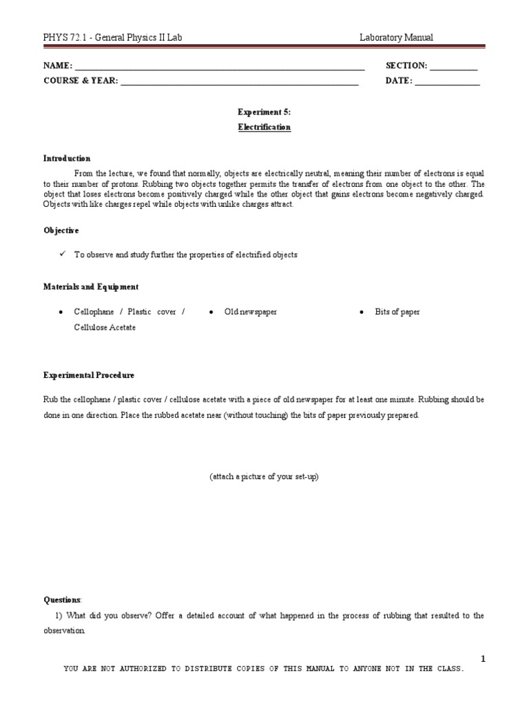 Experiment 05 Electrification | PDF Experiment 05 Electrification | PDF