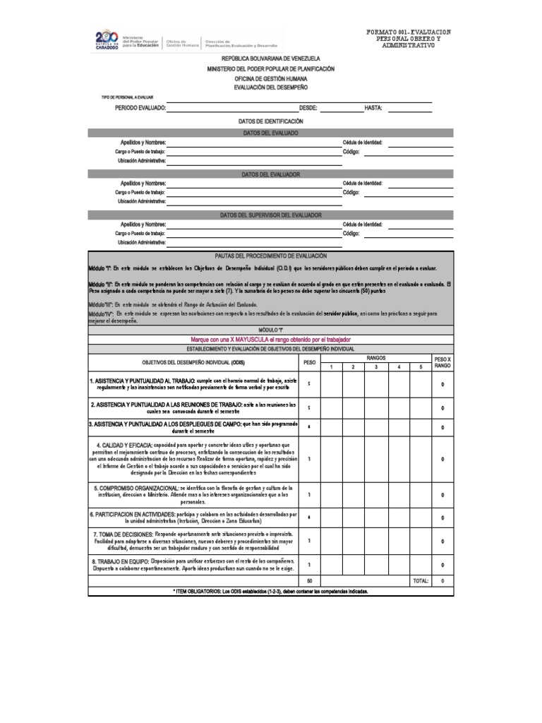 Formato 001 Odi Evaluacion para Personal Administrativo y Obrero | PDF | Planificación ...