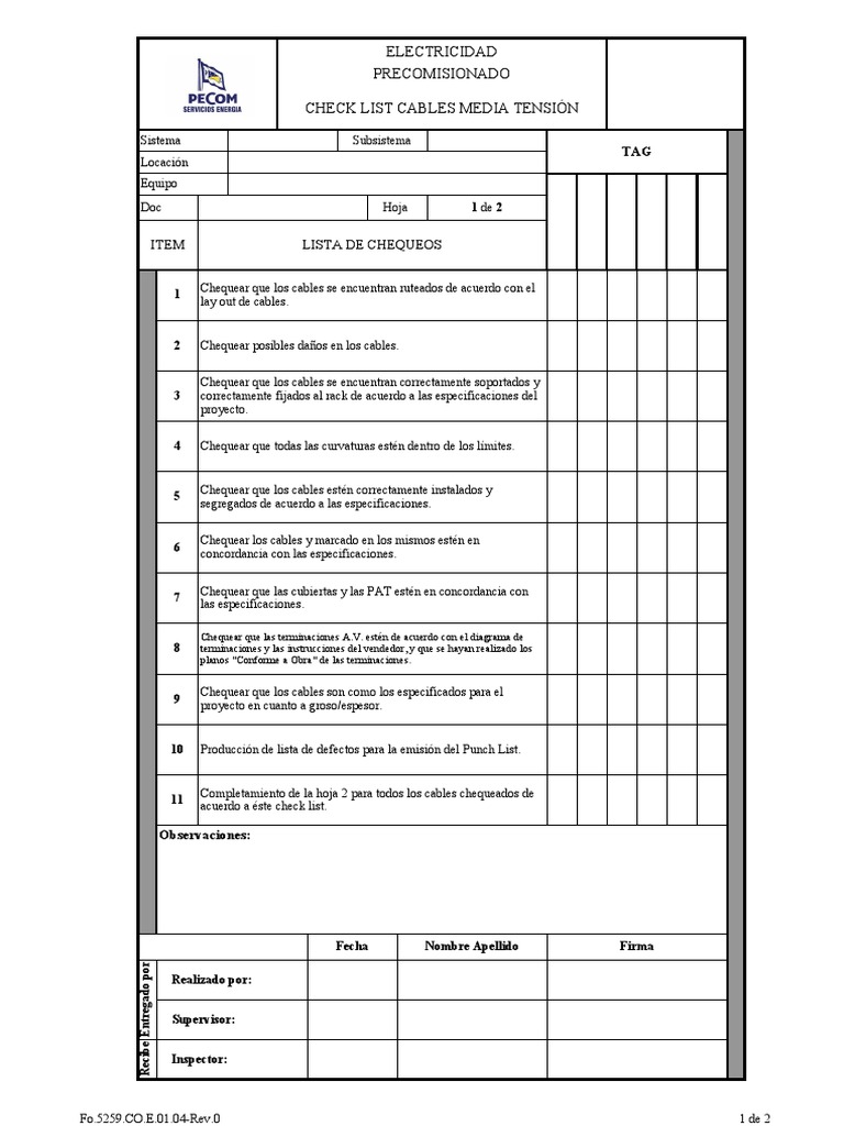 Fo.5259.CO.E.01-04 - Rev.0 - Check List Cables Media Tensión | PDF | Ingenieria Eléctrica ...