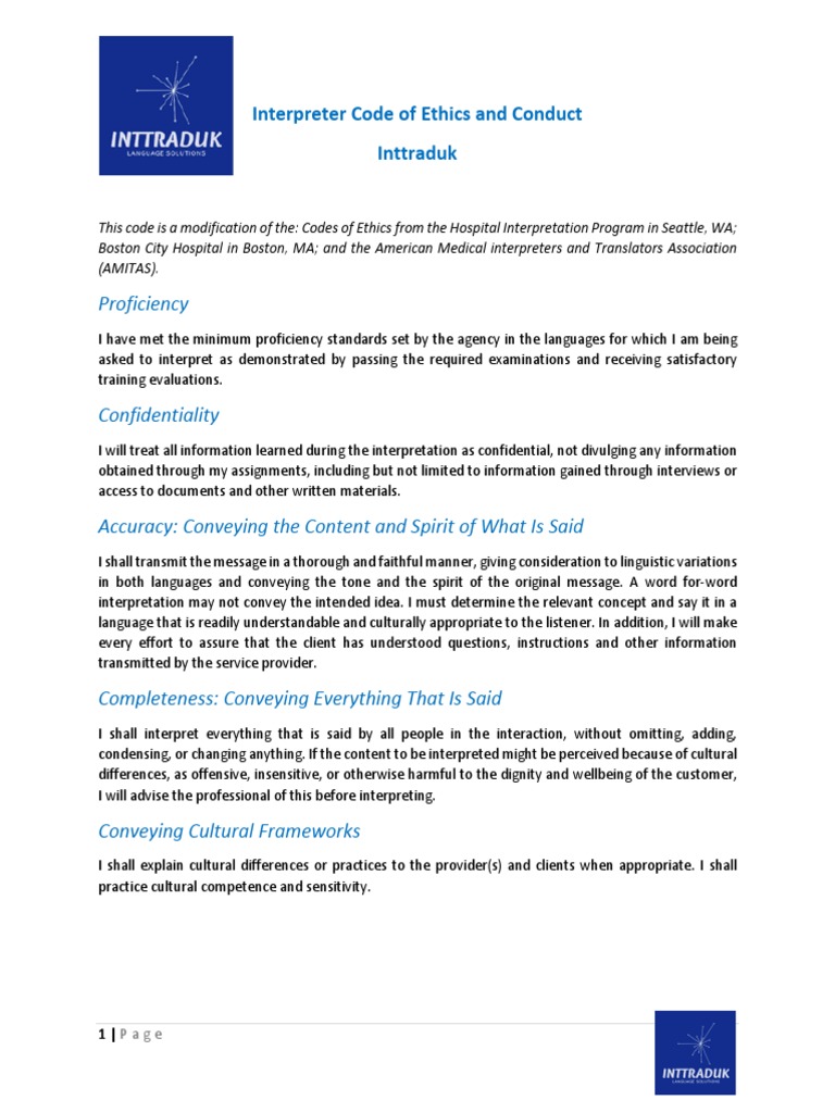 Interpreter Code of Ethics and Conduct - Inttraduk | PDF | Language ...