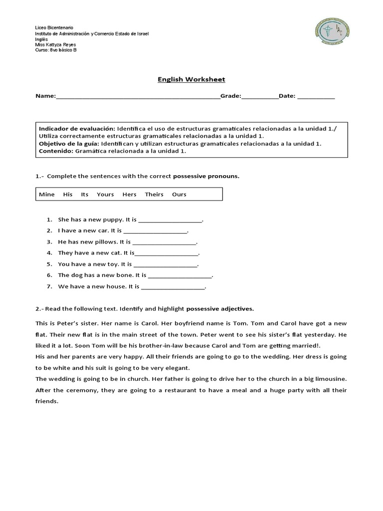 Possessive Pronouns and Adjectives 8B | PDF | Morphology | Linguistic ...