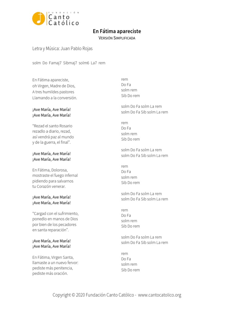 En Fátima Apareciste - Letra y Acordes Versión Simplificada (Acordes Al ...
