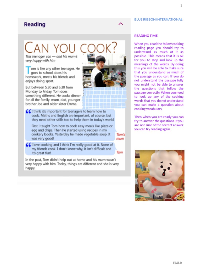 Cooking Vocabulary Reading Guide | PDF