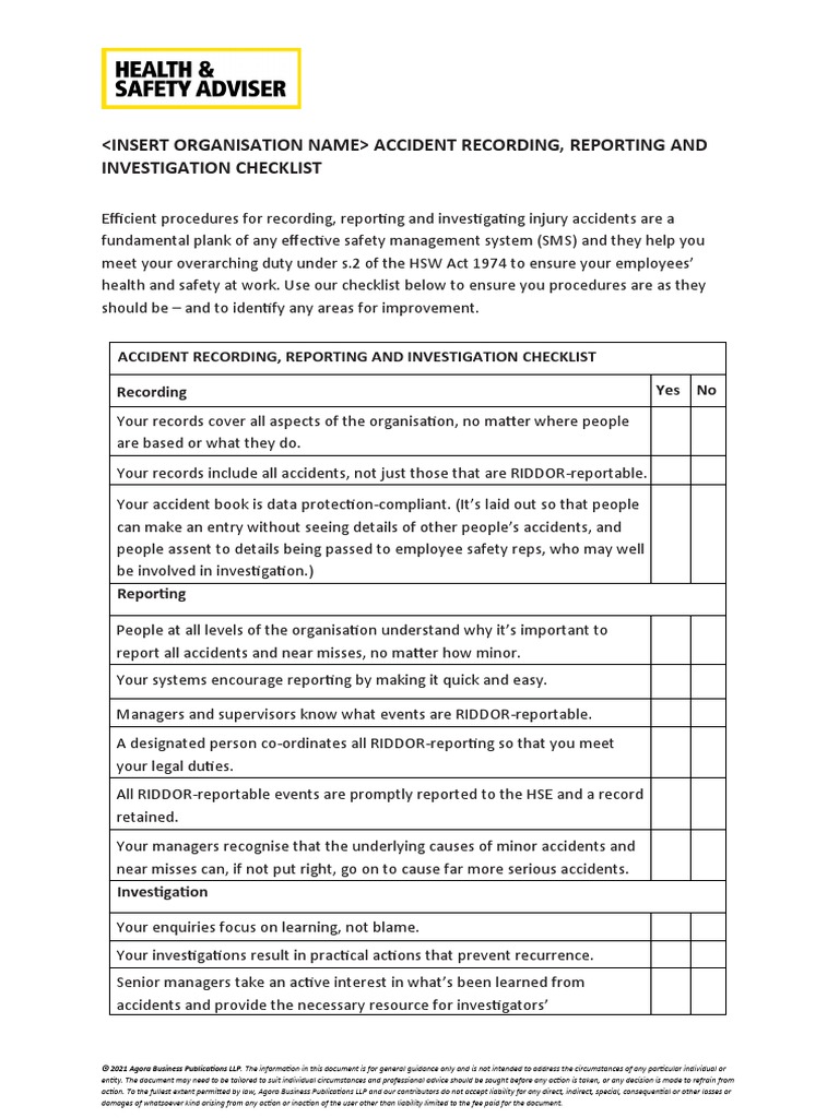 Accident Recording, Reporting and Investigation Checklist | PDF | Business