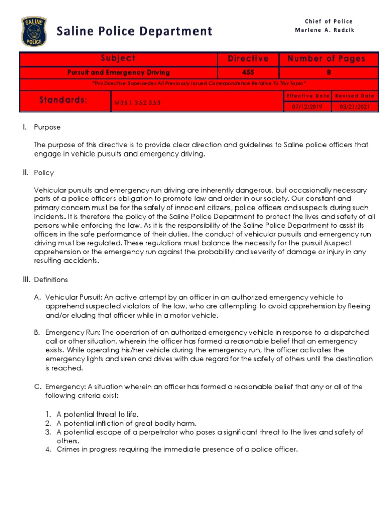 Saline police Vehicle Pursuit policy | PDF | Traffic | Police
