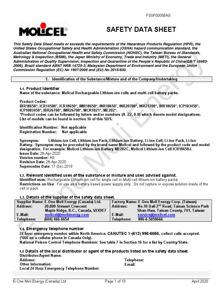 Lithium-ion Battery Safety Data Sheet | PDF | Chemical Reactions | Hazards