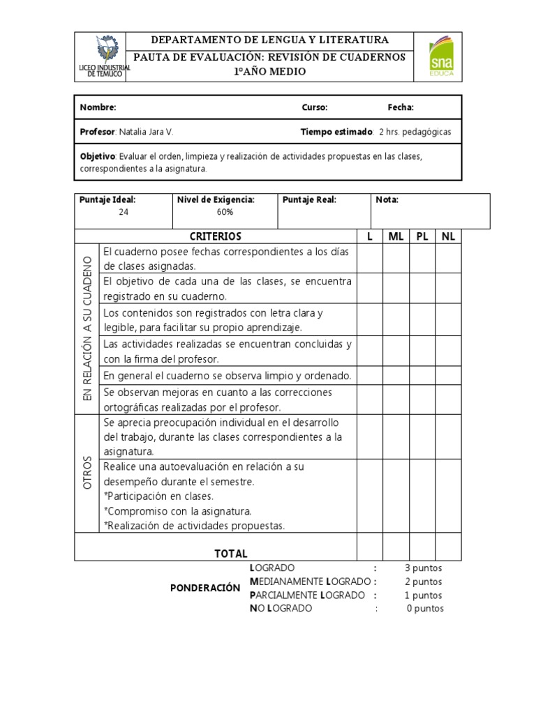 Pauta - Revisión de Cuadernos | PDF | Aprendizaje | Enseñando