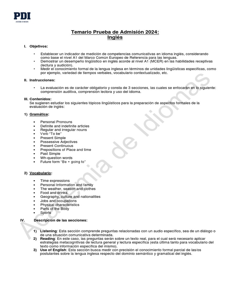 Temario Admisión Inglés 2024 | PDF