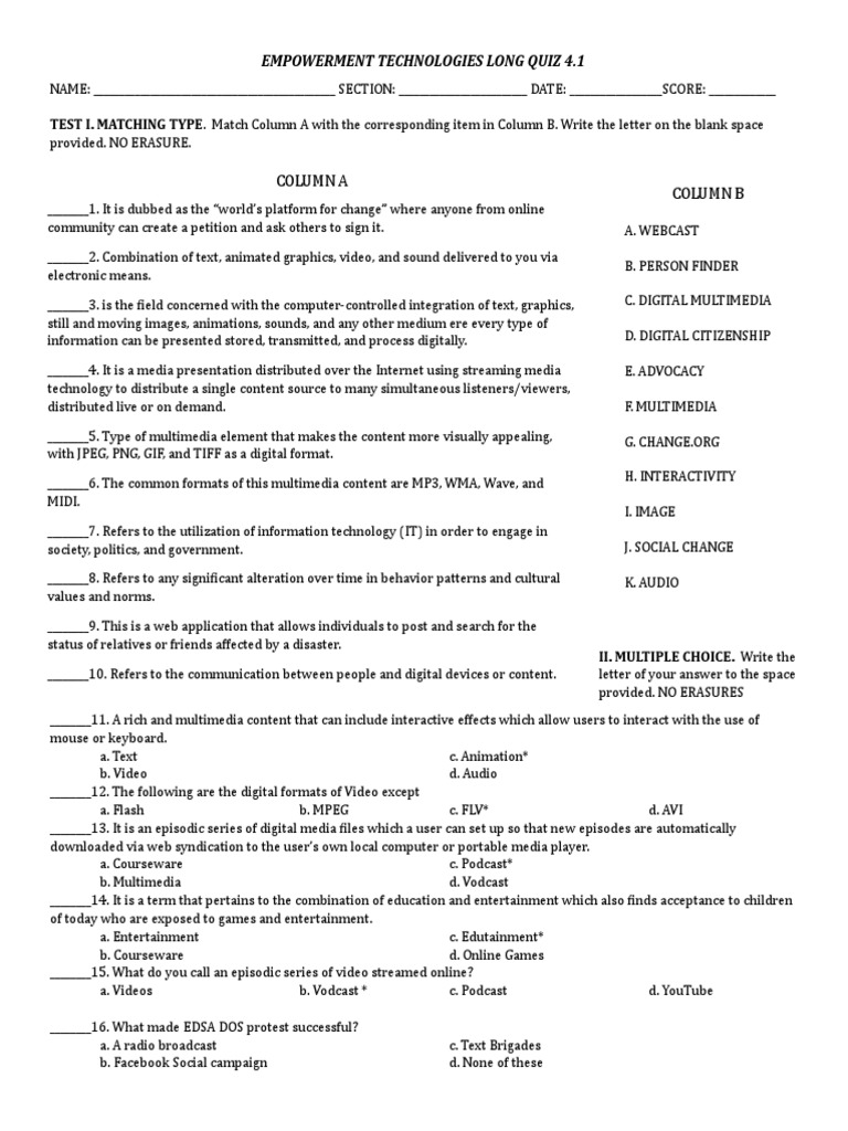 Etech Long Quiz 4.1 #1 | PDF