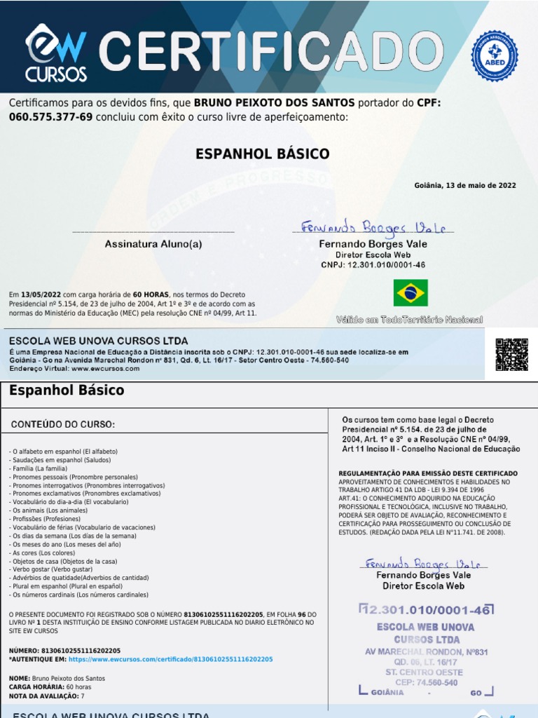 Certificado de Conclusão: Espanhol Básico | PDF | Espanhol (idioma) | Linguística