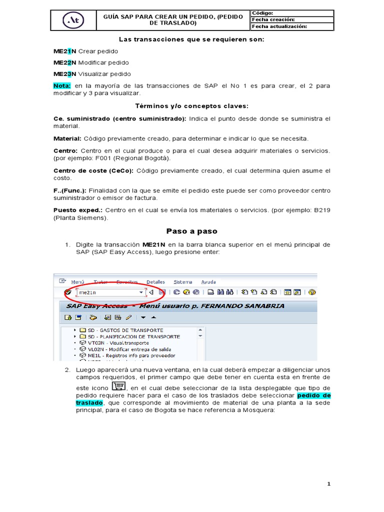 Guia SAP para Elaborar Un Traslado (ME21N) | PDF