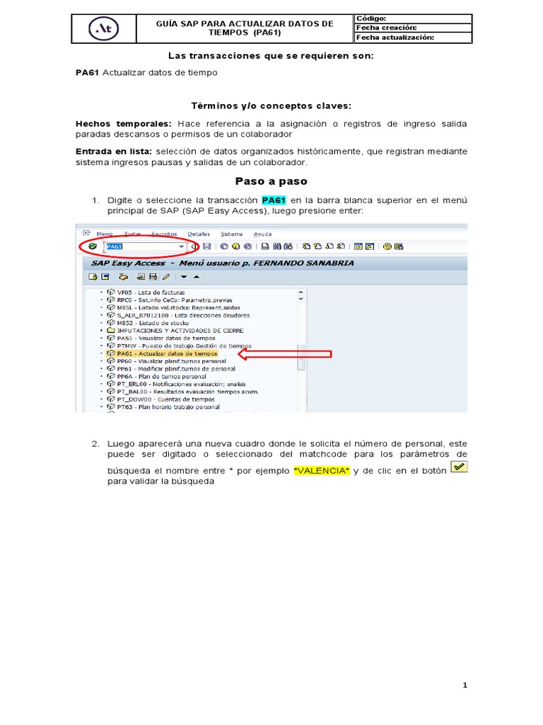 Guía PA61 para Actualizar Tiempos SAP | PDF | Informática | Software