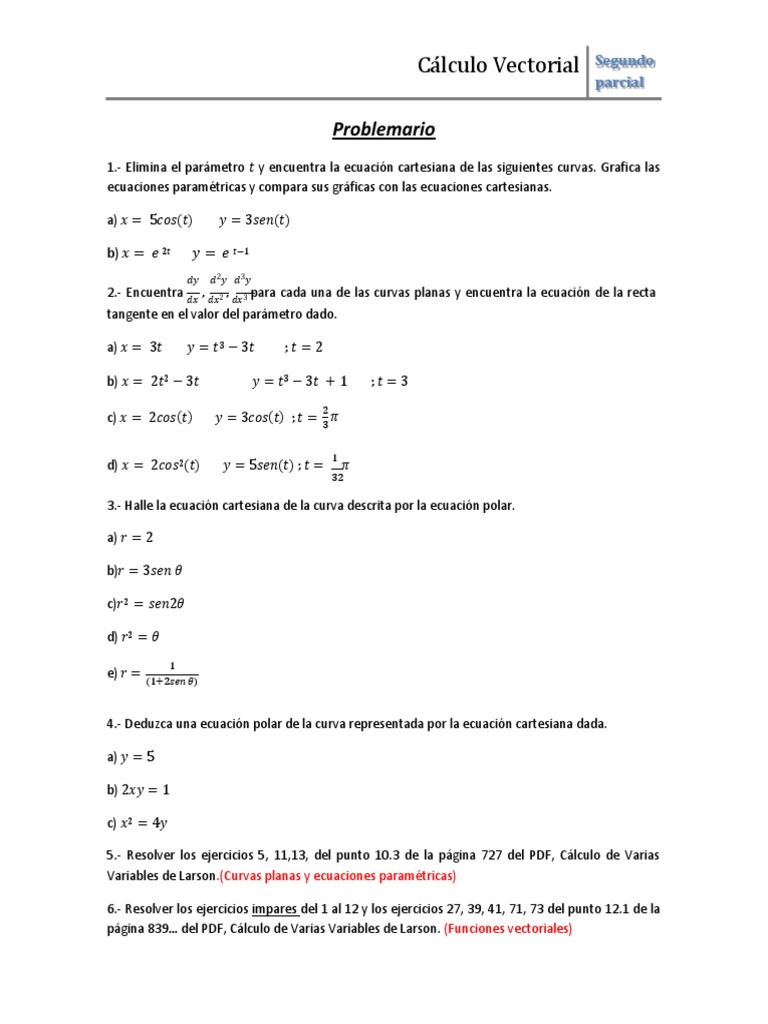 Cálculo Vectorial: Problemario | PDF | Vector Euclidiano | Ecuaciones