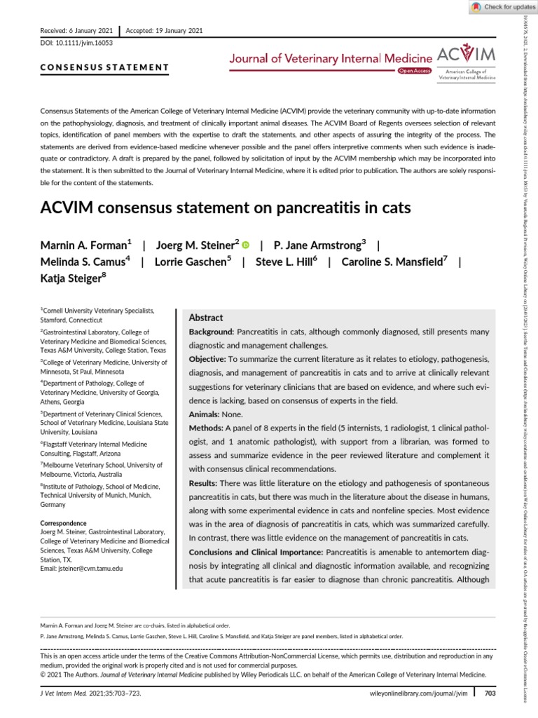 Veterinary Internal Medicne - 2021 - Forman - ACVIM Consensus Statement On Pancreatitis in Cats ...