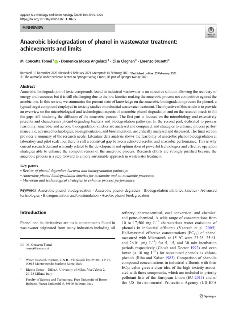 Anaerobic Biodegradation of Phenol in Wastewater Treatment | PDF ...
