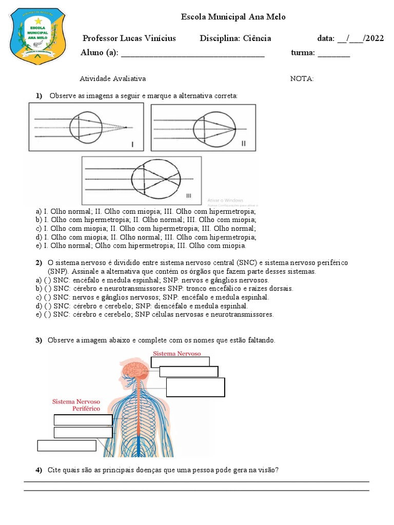 Atividade Avaliativa 6 Ano 3 Bimestre | PDF | Sistema nervoso central ...