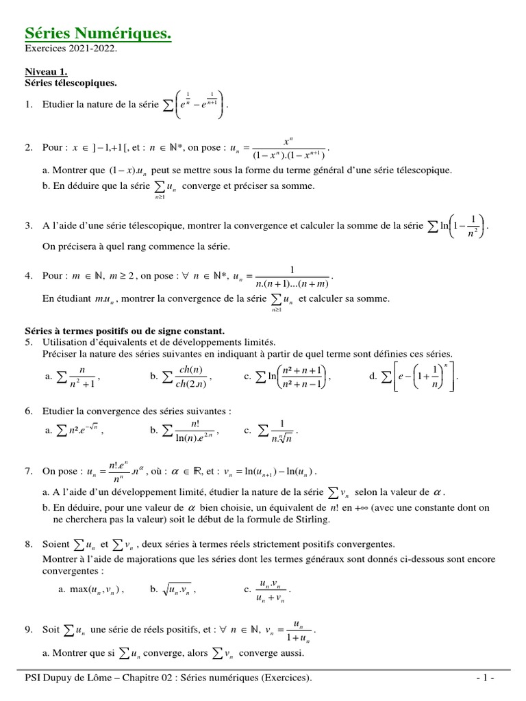 02-4 - Series Numeriques Exercices | PDF | Limite (mathématiques ...