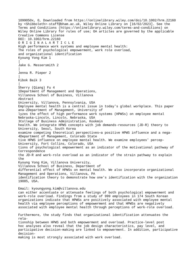 Human Resource Management - 2022 - Kim - High Performance Work Systems ...