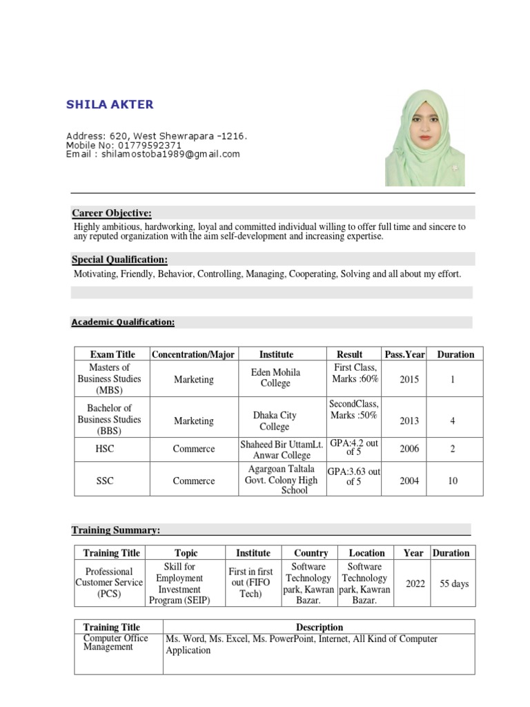 Shila Akter CV | PDF | Communication | Computing