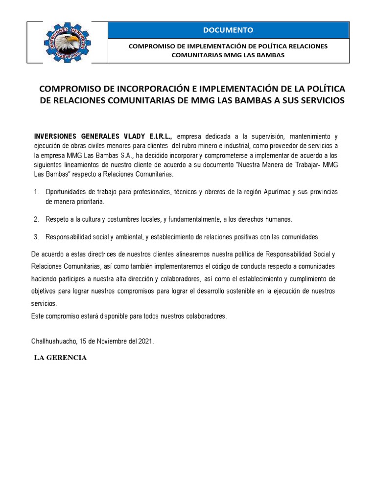 Compromiso de Relaciones Comunitarias MMG Las Bambas | PDF