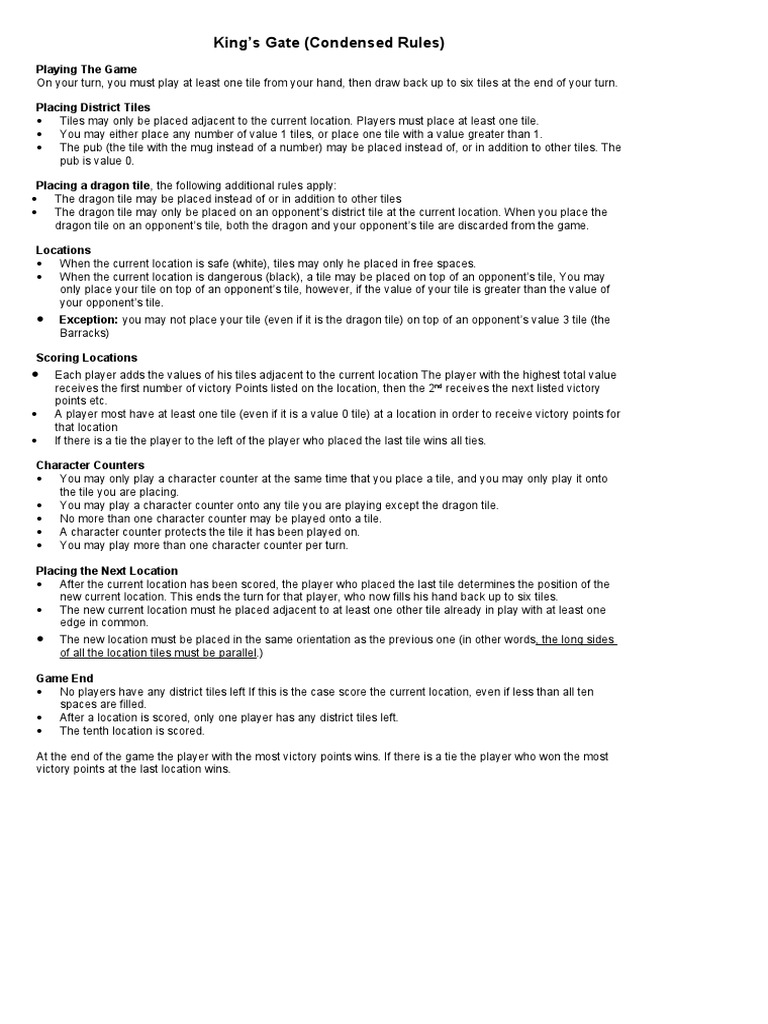 Kings Gate Condensed Rules v2 | PDF | Gaming | Tabletop Games