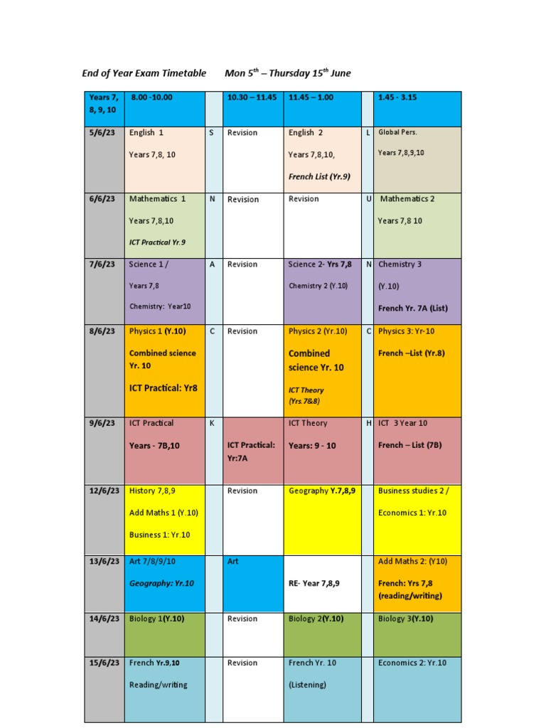 EOY Exams Timetable June 2023 | PDF