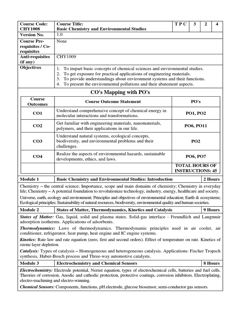 CHY1008 Basic Chemistry and Environmental Studies - PO Mapped | Download Free PDF ...
