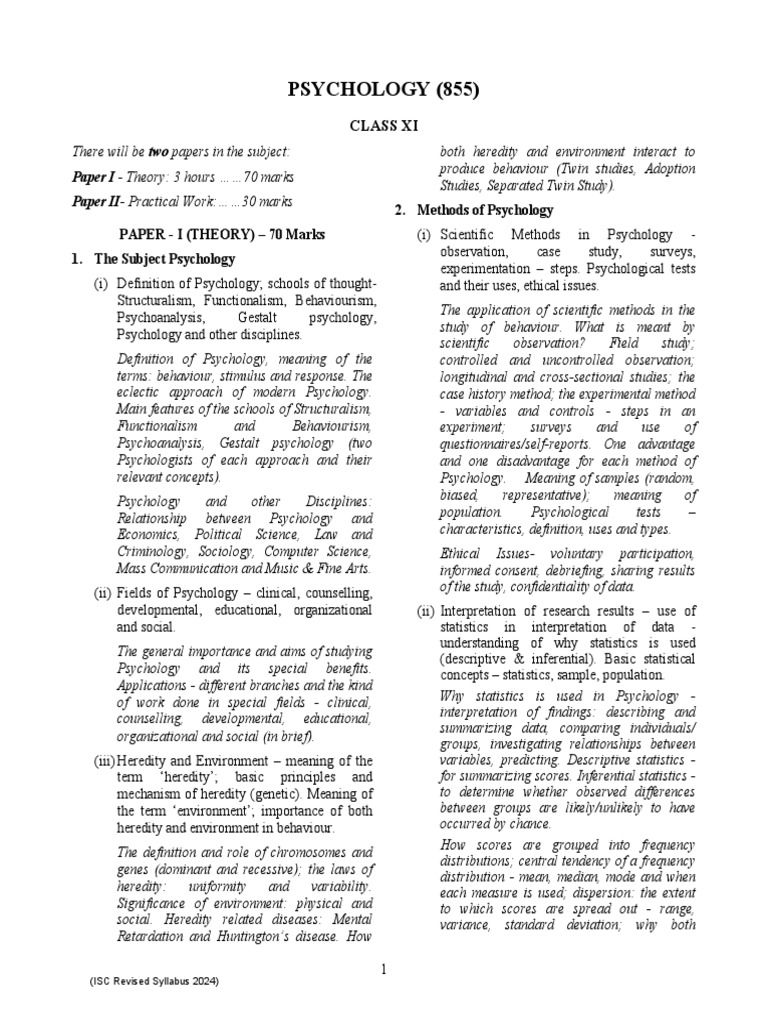 ISC Psychology XI Revised | PDF