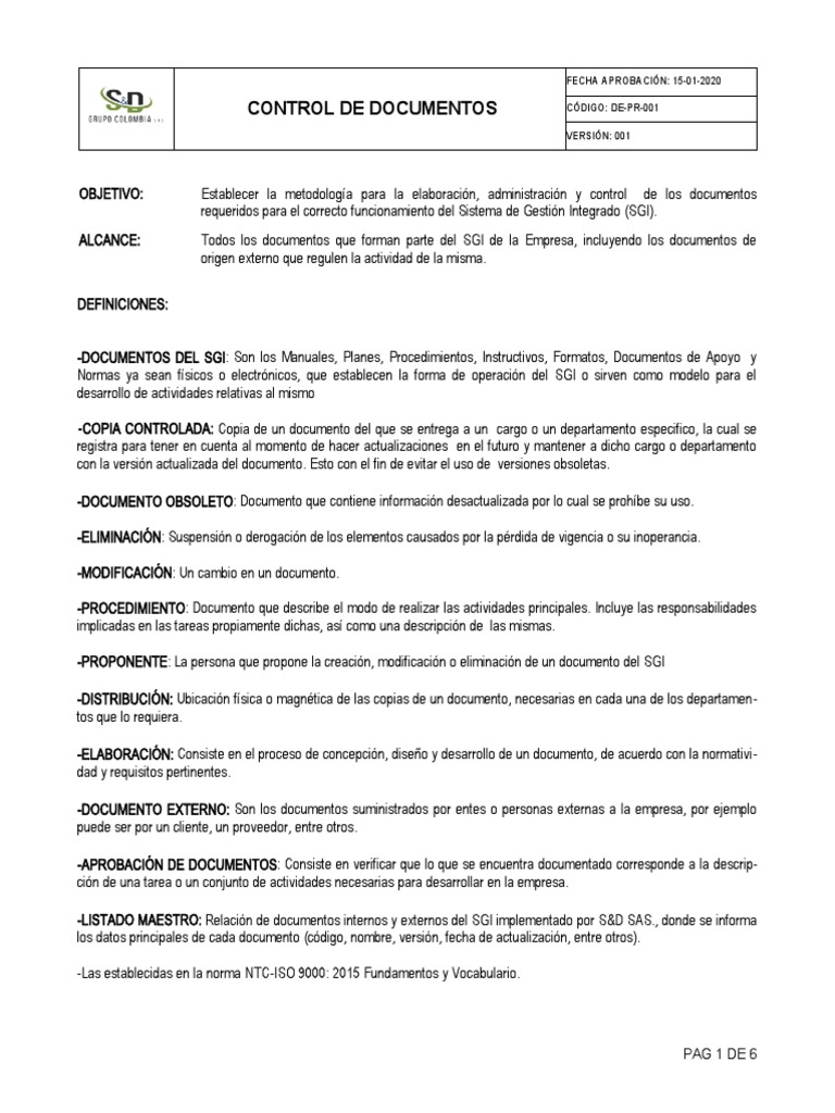 DE-PR-001 Control de Documentos | PDF