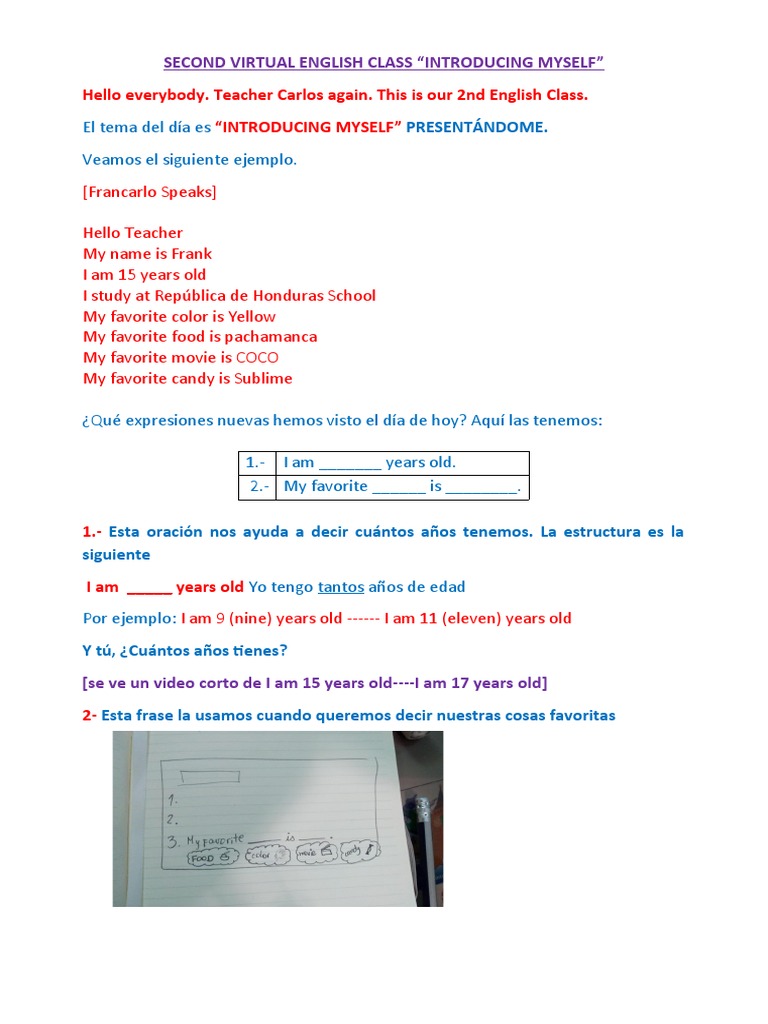 Second Virtual English Class-Introducing Myself | PDF